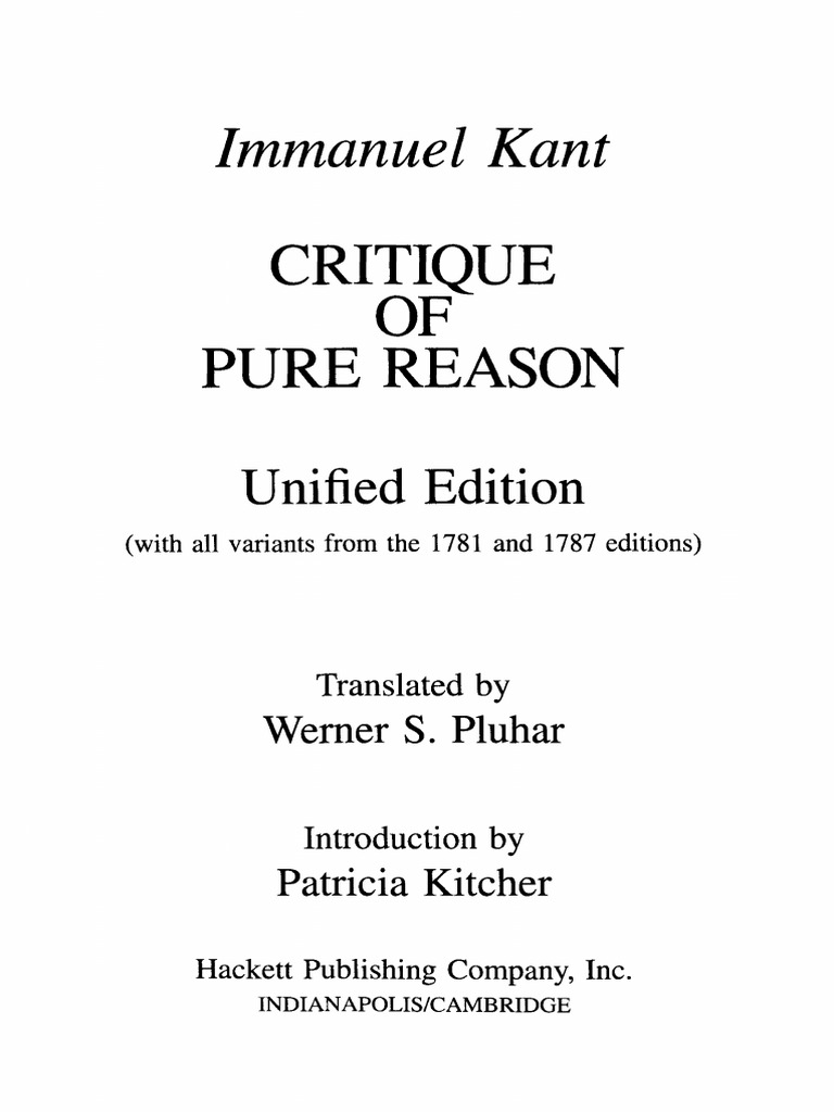 (Immanuel Kant) Critique of Pure Reason, Trans. Werner S. Pluhar | PDF ...