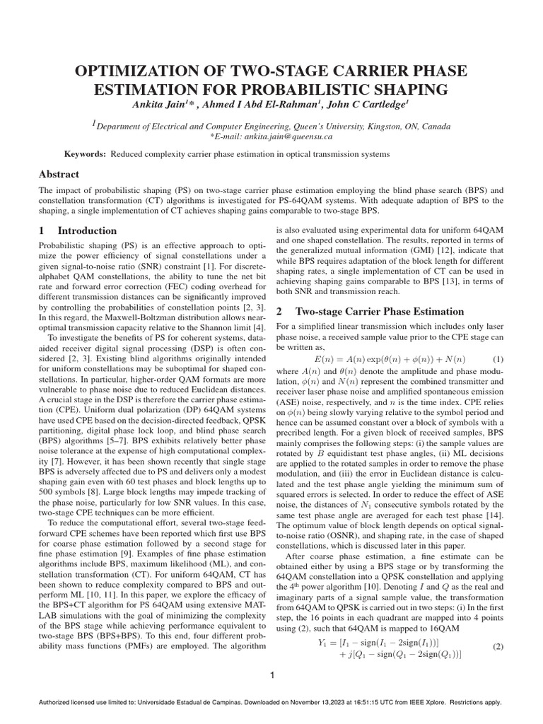 Optimization of Two-Stage Carrier Phase Estimation For Probabilistic Shaping | PDF | Bit Rate ...