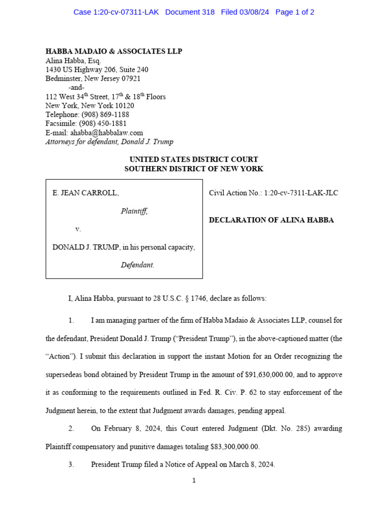 Declaration of Alina Habba, Carroll v. Trump, No. 1-20-CV-07311-LAK ...