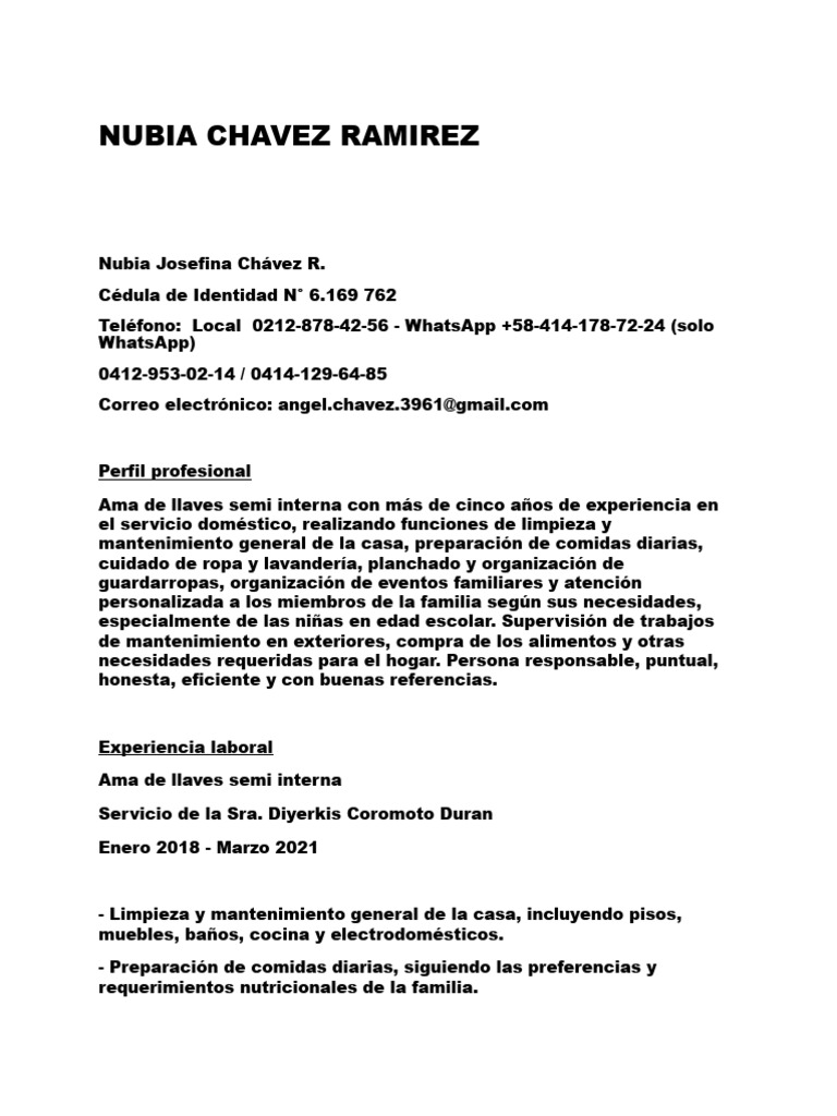 Curriculum Vitae Nubia Chávez | PDF | Trabajadora doméstica