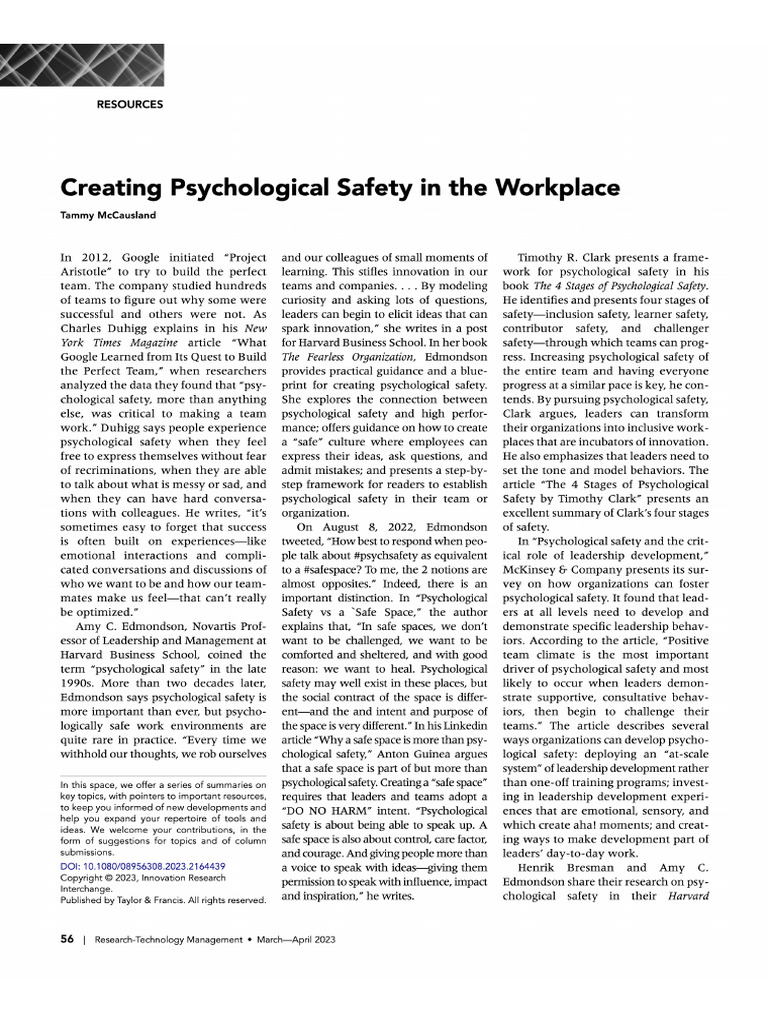 Creating Psychological Safety in The Workplace | PDF