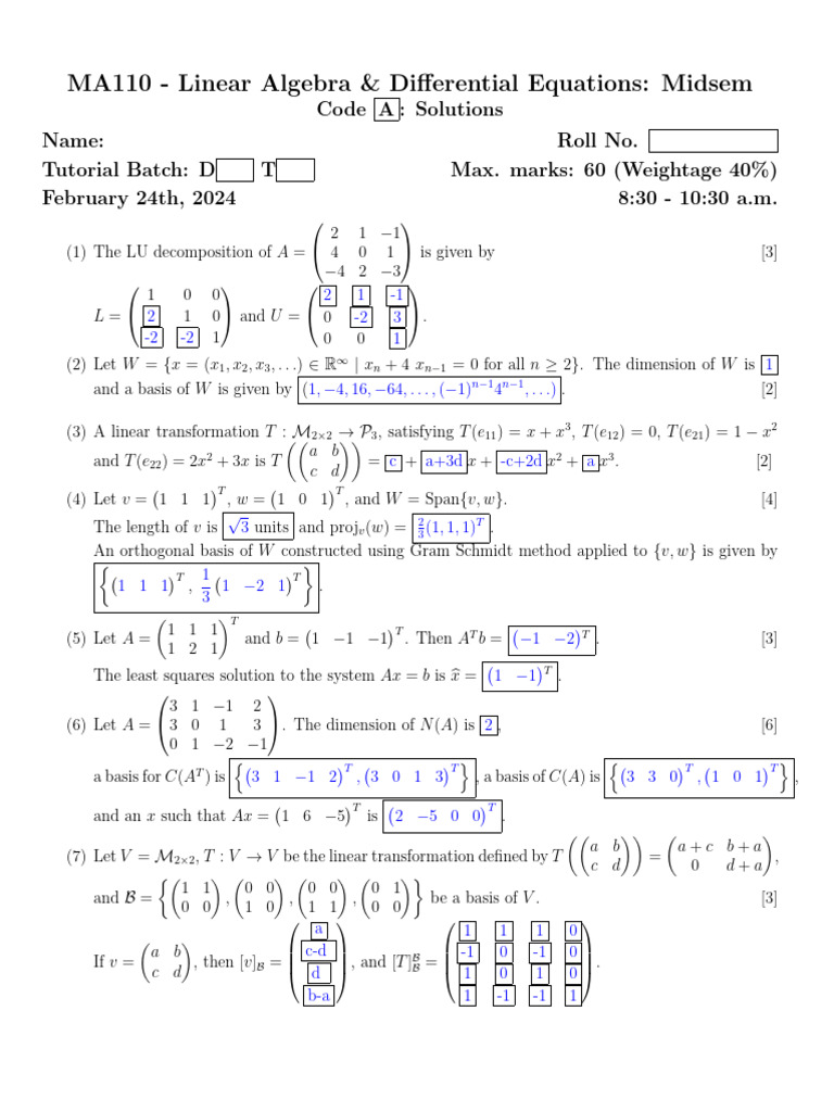 Linear Algebra & Diff Eqns Solutions | PDF | Basis (Linear Algebra) | Linear Subspace