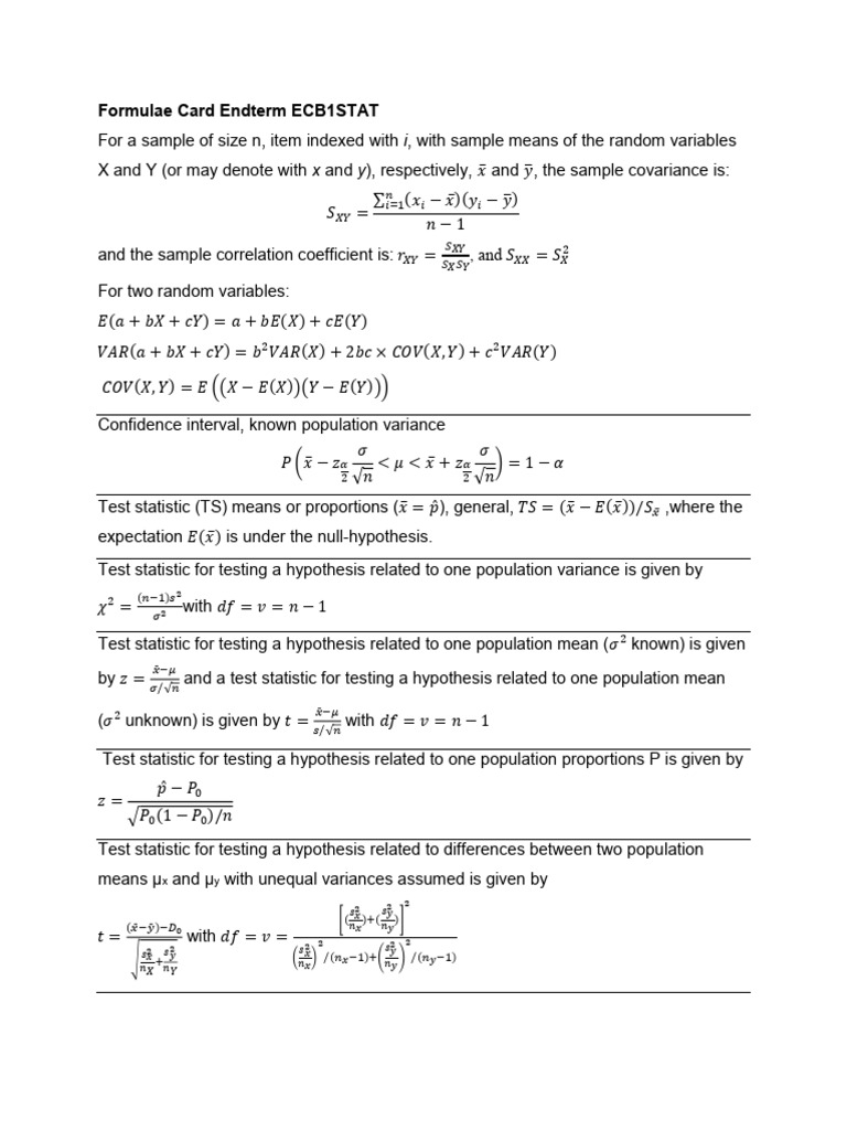 Formulae Card Endterm ECB1STAT | PDF | Multivariate Statistics | Statistics