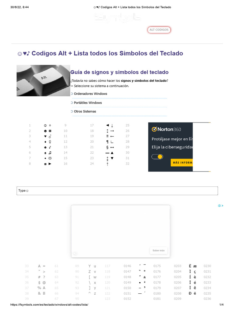 ☺♥♪ Codigos Alt + Lista todos los Simbolos del Teclado | PDF