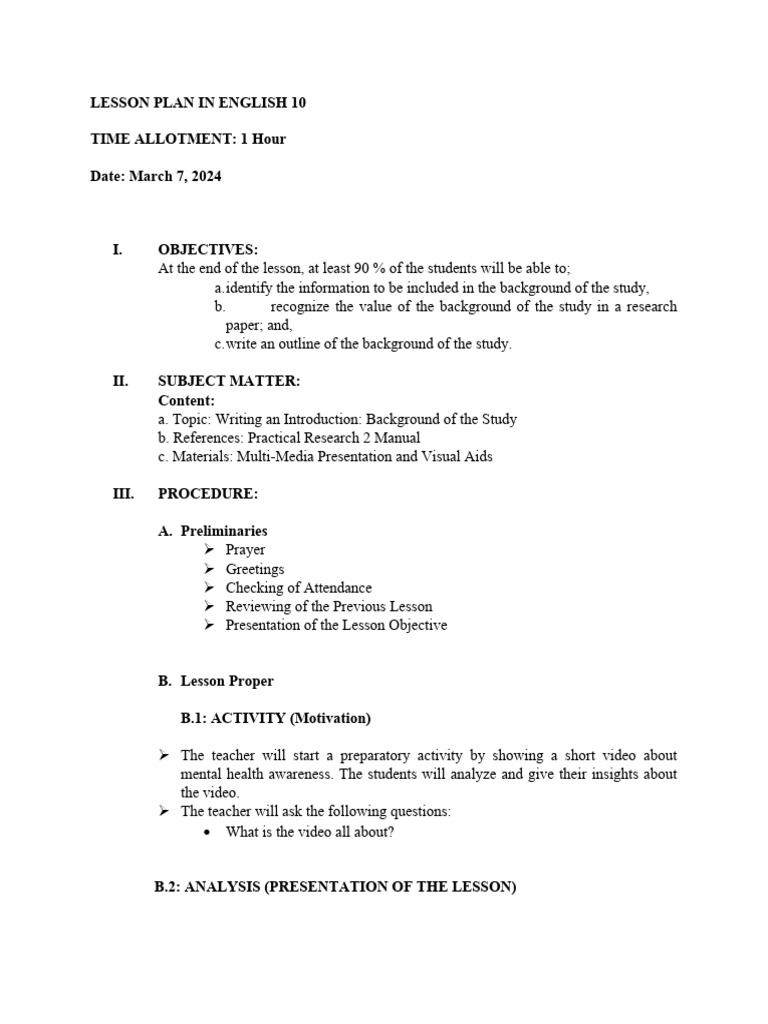 English 10 Lesson Plan: Background of Study | PDF | Brainstorming ...