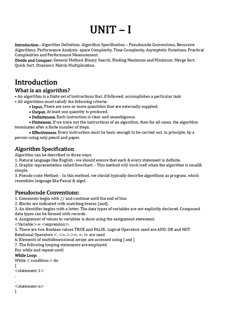 Design And Analysis Of Algorithms Daa Unit I Pdf Time Complexity