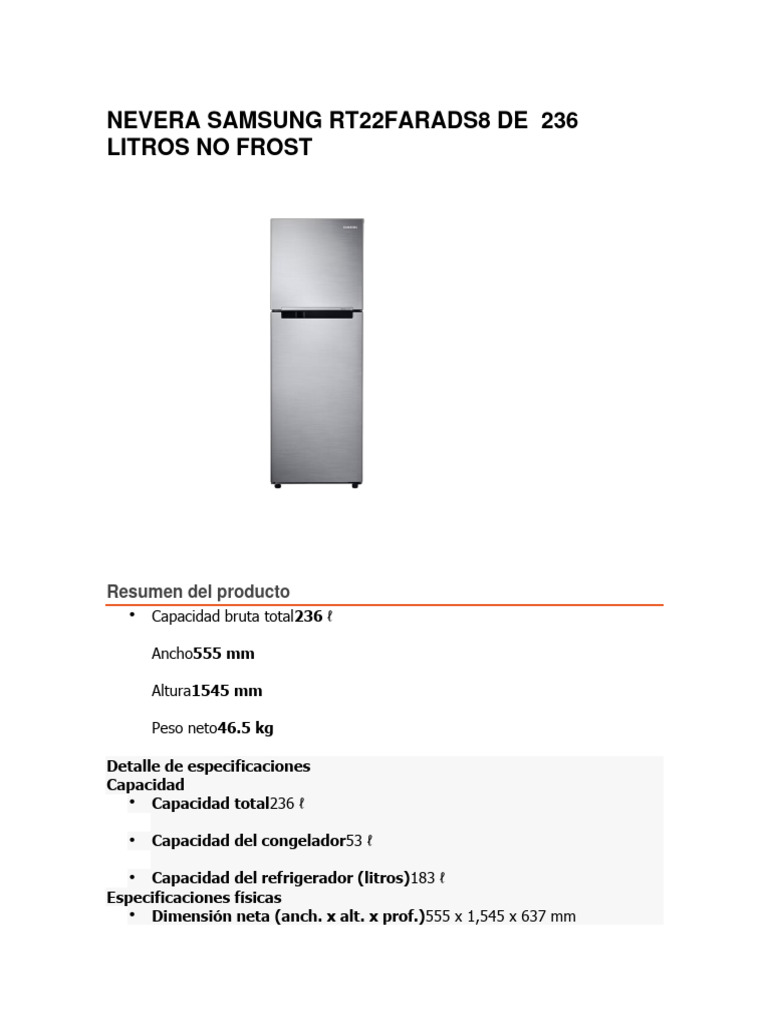 Ficha Técnica Nevera Samsung de 236 Litros | PDF