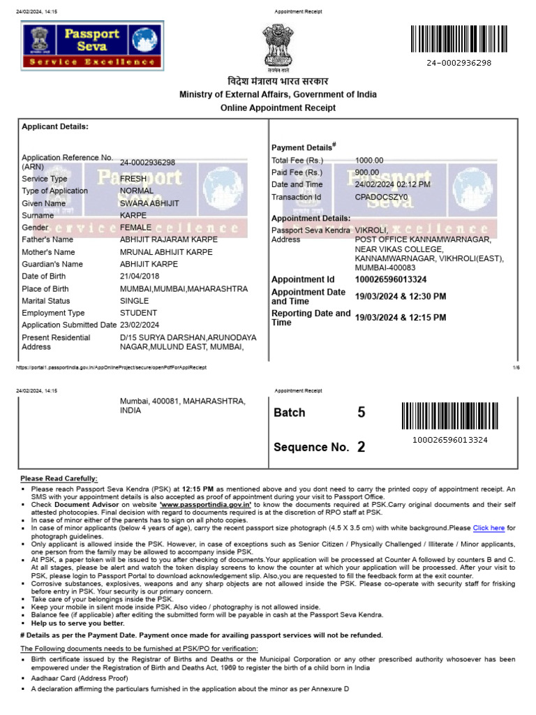 Appointment Receipt | PDF | Identity Document | Birth Certificate