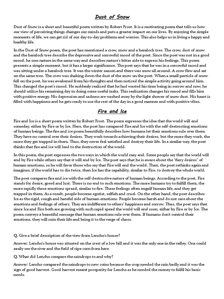 Robert Frost Poems for Class 10 Summary | PDF | Mood (Psychology ...
