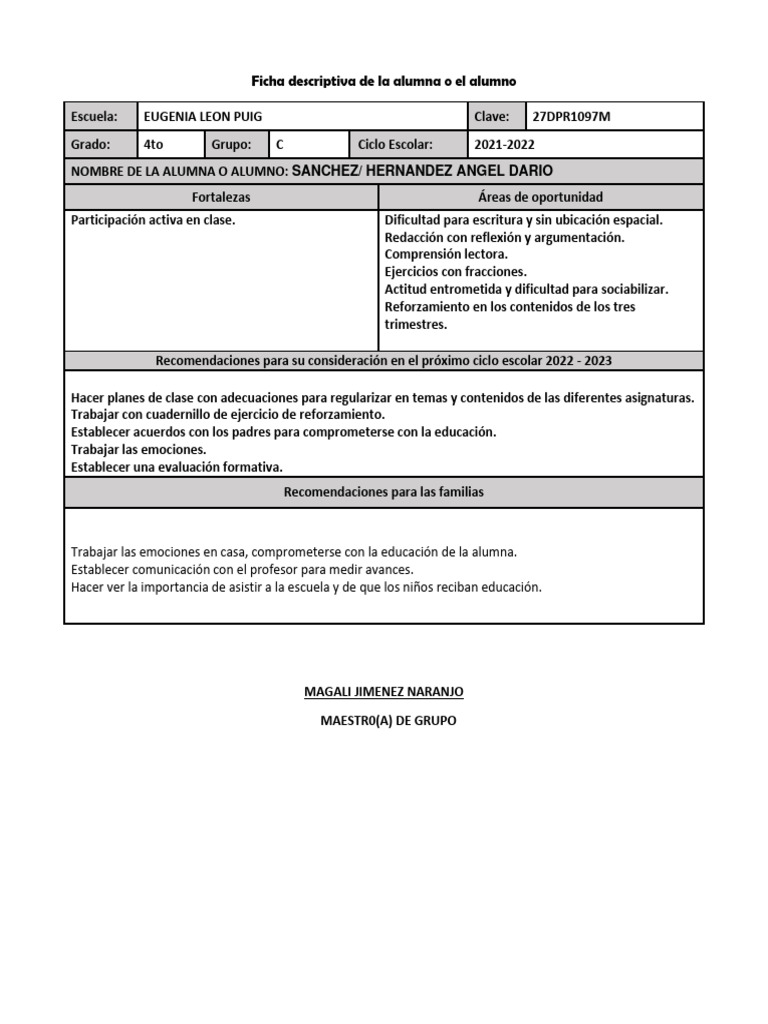 FICHAS DESCRIPTIVAS DE LOS ALUMNOS 4TO C | PDF | Evaluación ...