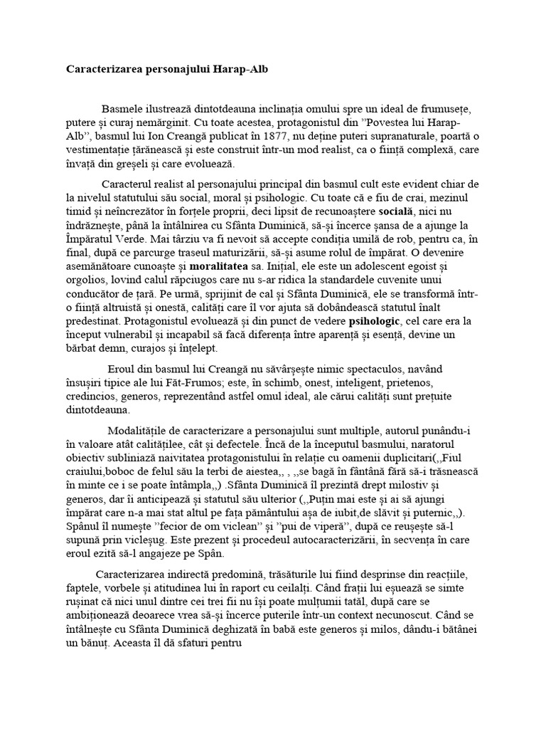 Caracterizarea Personajului Harap | PDF