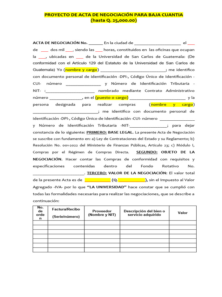 Modelo-Acta-Negociacion-Baja-Cuantia | PDF