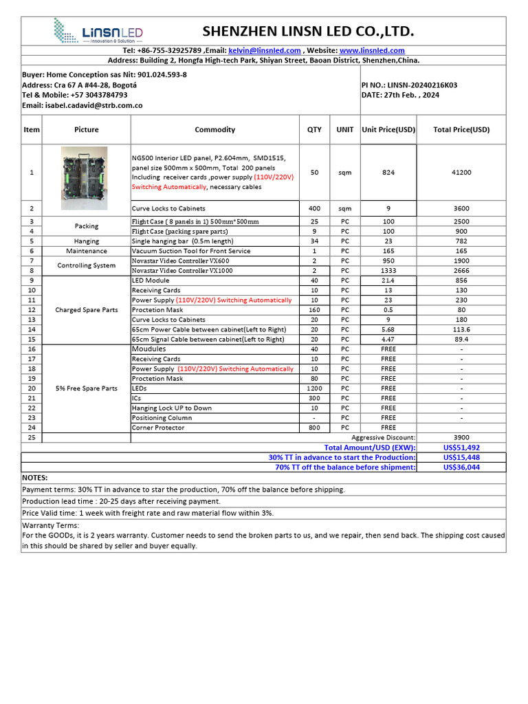 Proforma Invoice-50sqm P2.604mm Indoor Rental LED Display With Curve ...