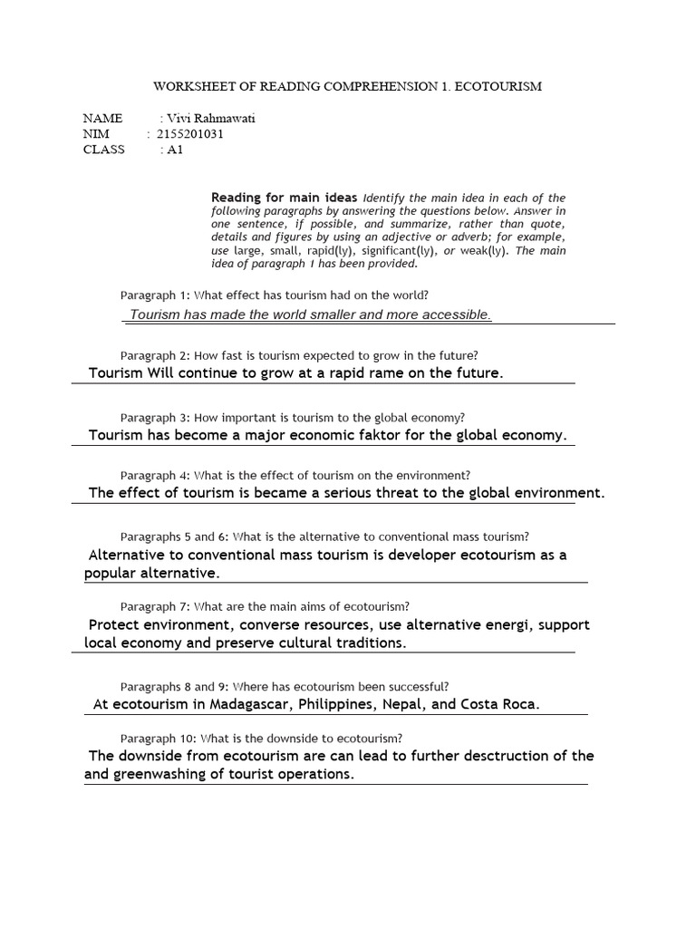 Worksheet of Reading Comprehension 1.ecotourism | PDF