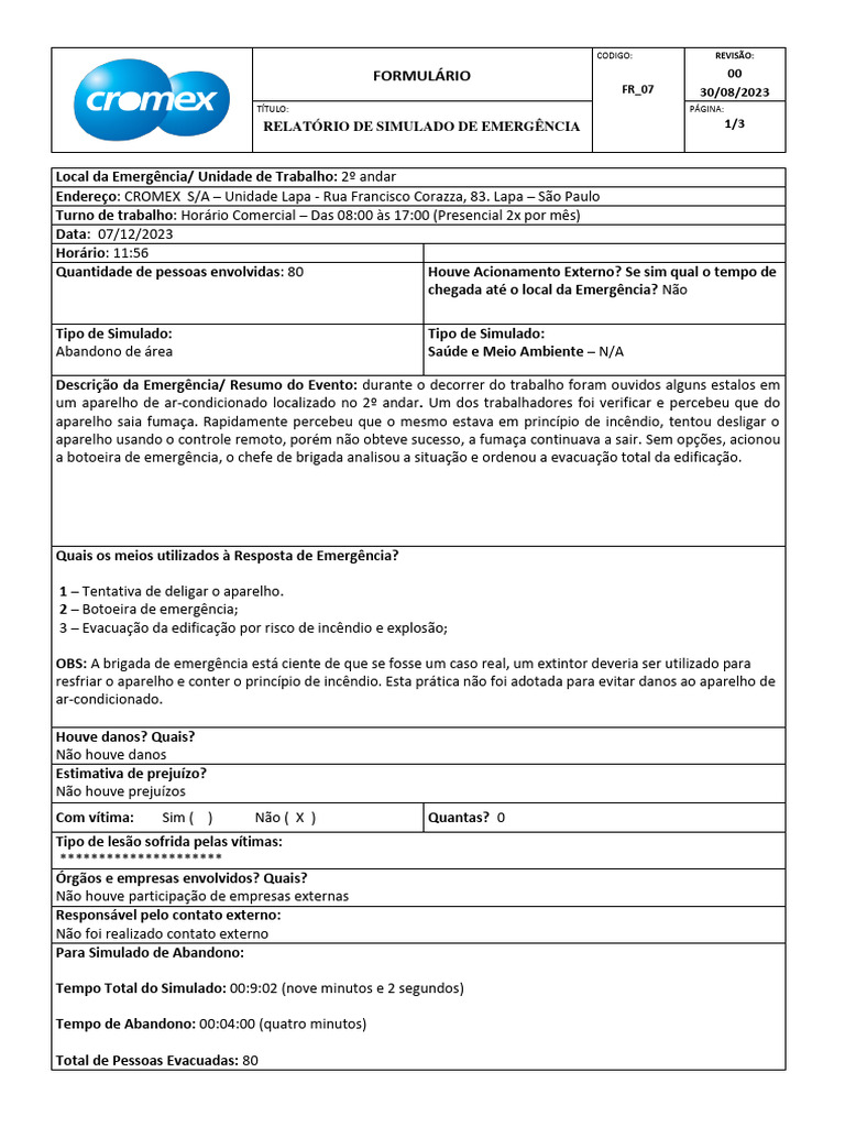 Relatorio_de_Simulado_de_Emergencia - Lapa | PDF | Tempo