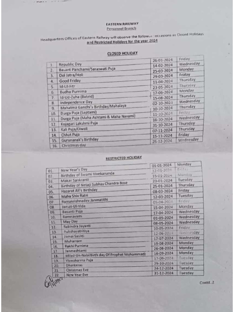 Eastern Railway Calendar | PDF