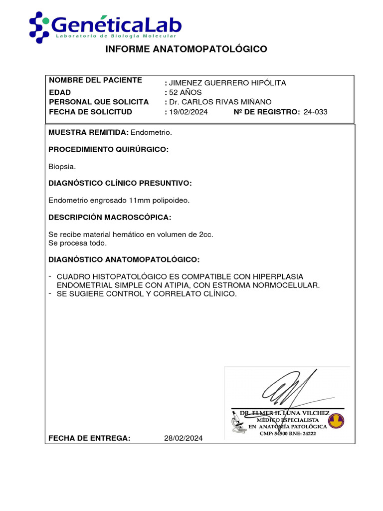 Informes Anatomopatológicos - Jimenez Guerrero Hipólita | PDF