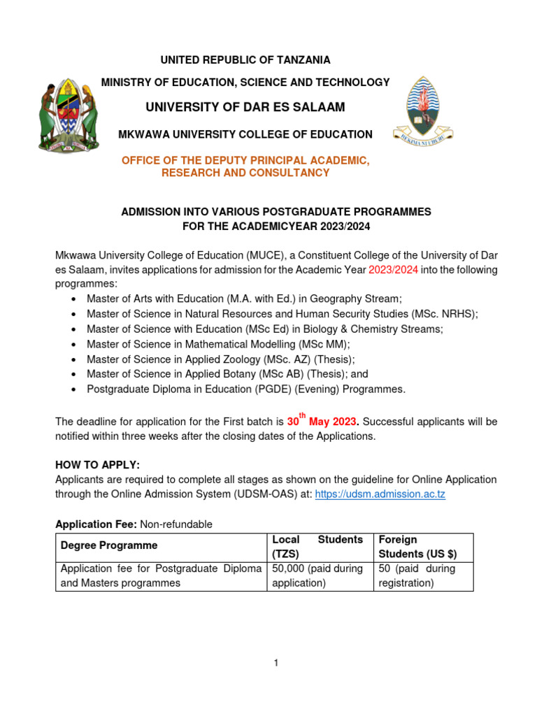 Advertisement For UDSM Postgraduate Programmes 2023-2024 | PDF ...