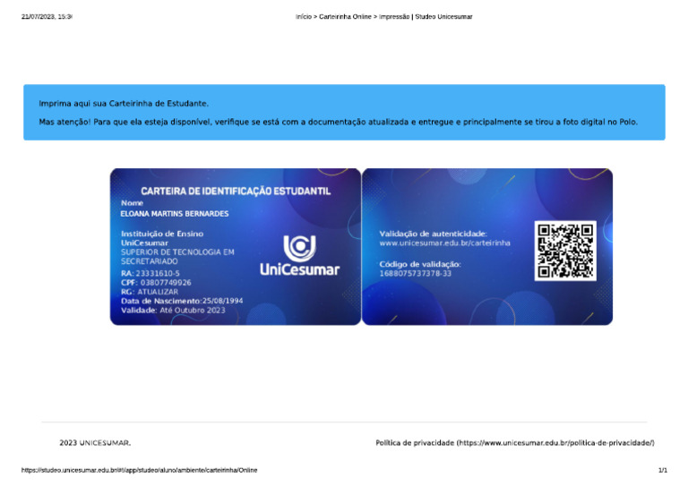 Início - Carteirinha Online - Impressão - Studeo Unicesumar PDF | PDF