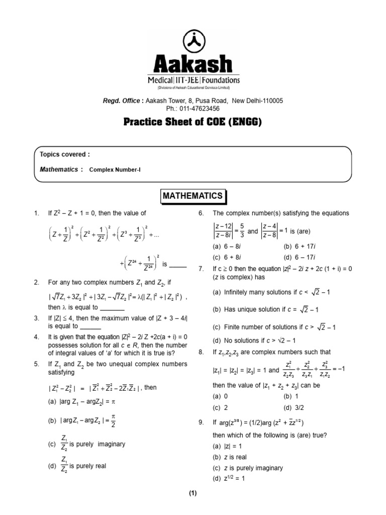 Complex Number 1 Question Pdf 