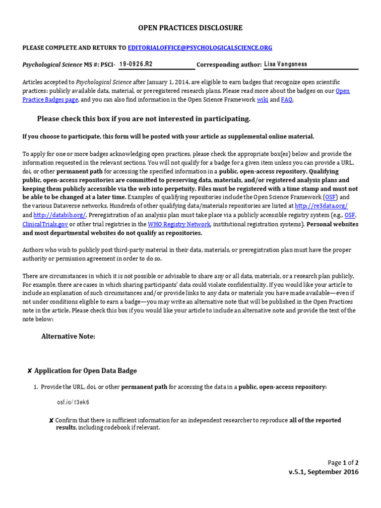 Vangsness_OpenPracticeDisclosure_Rev | PDF | Open Access | Digital ...