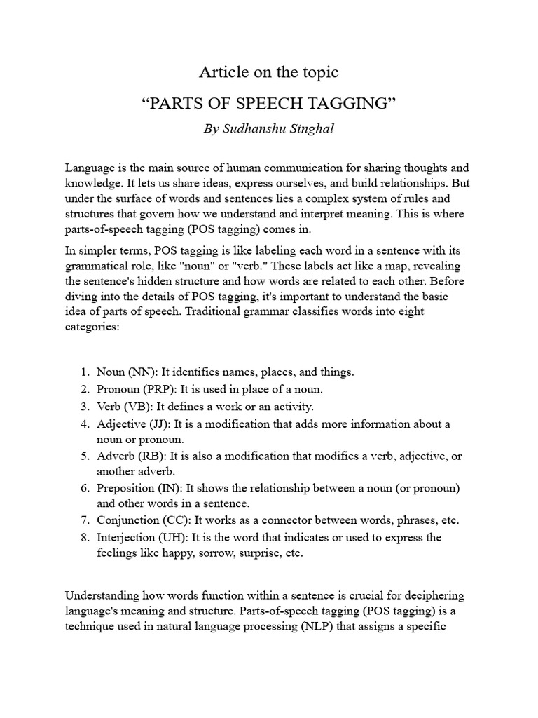 PARTS OF SPEECH TAGGING Article | PDF | Part Of Speech | Machine Learning