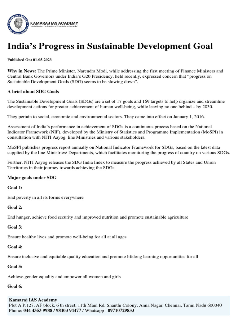 India's Progress in Sustainable Development Goal | PDF