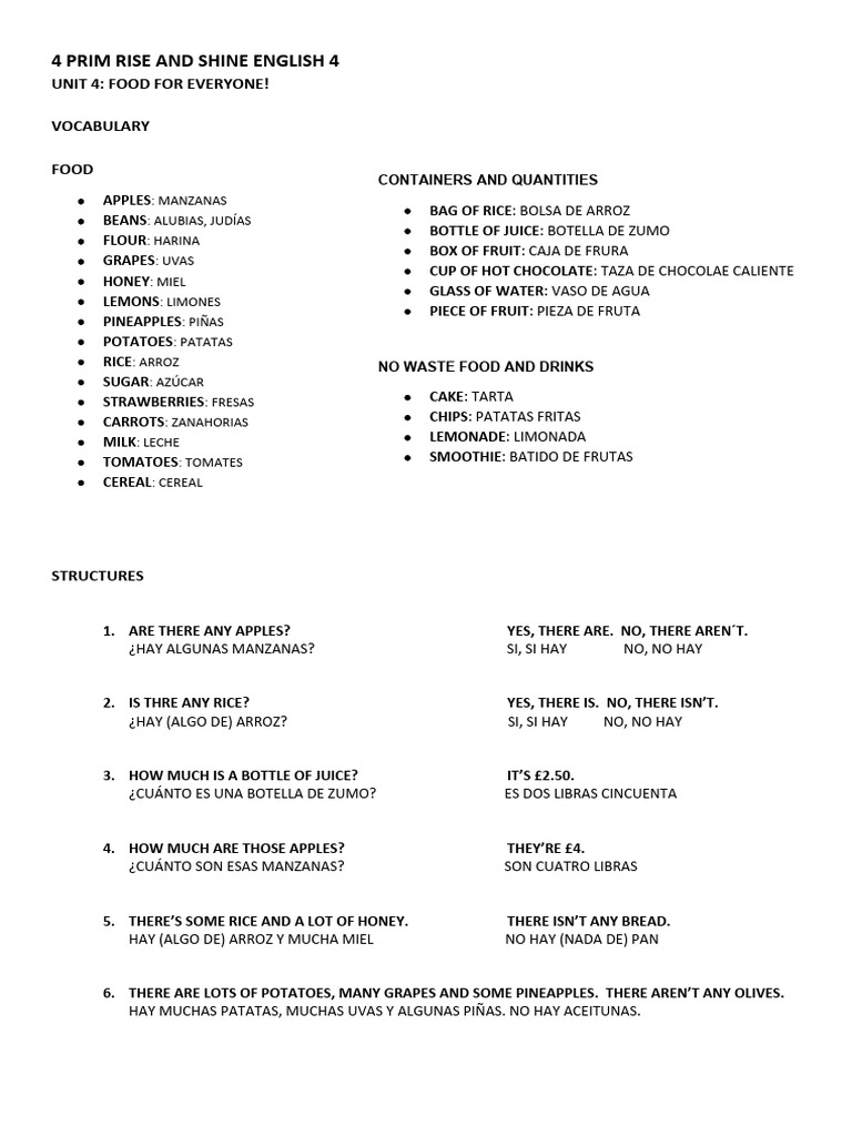 4 Prim Rise and Shine Unit 4 Food For Everyone! Translated | PDF