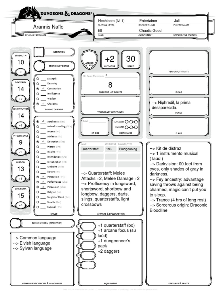 D&D Character Sheet: Arannis Naïlo | PDF | Dungeons & Dragons | Role ...