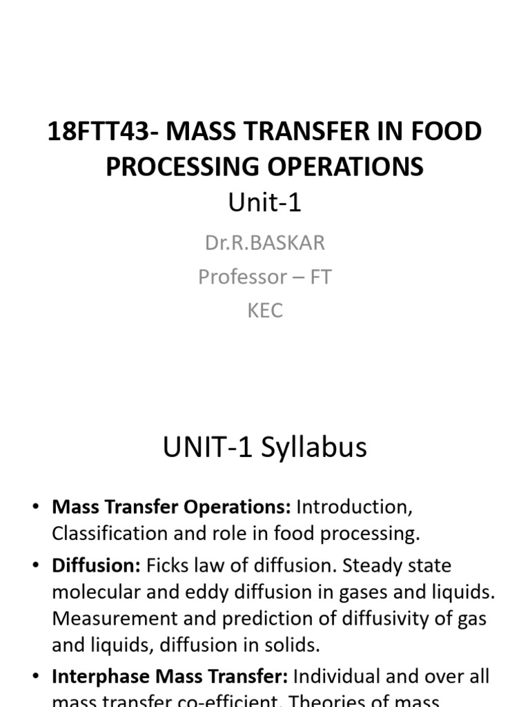 Mass Transfer In Food Processing Pdf Diffusion Liquids