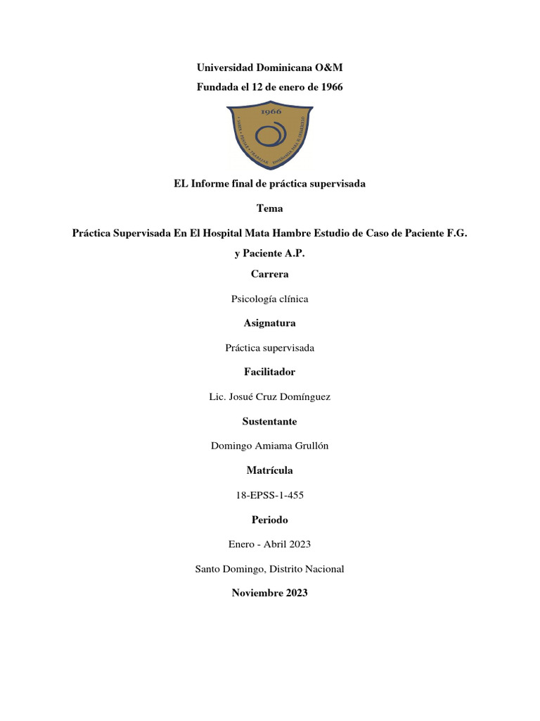 Informe de Pasantía Domingo Amiama 1 Completa | PDF | Ansiedad ...