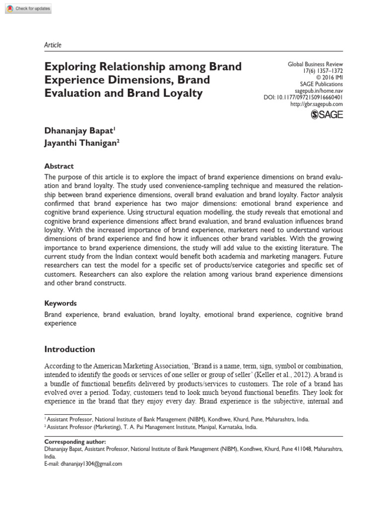 Bapat Thanigan 2016 Exploring Relationship Among Brand Experience Dimensions Brand Evaluation ...