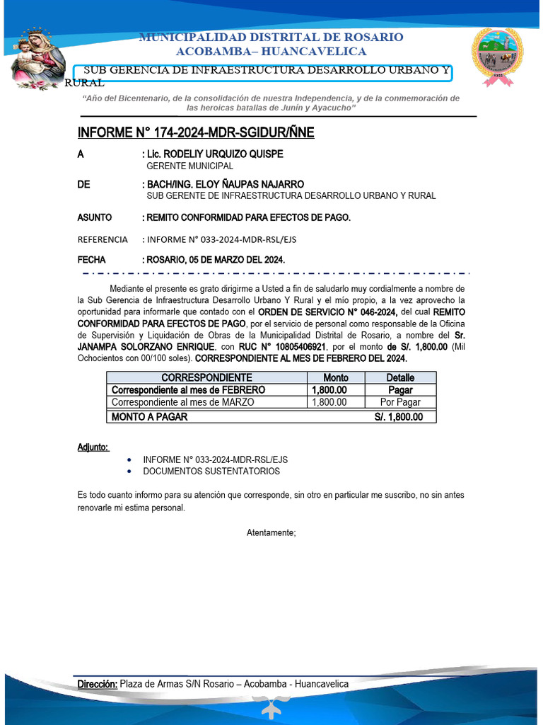 Informe # - 174-Remito Conformidad para Efectos de Pago | PDF