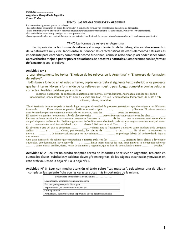 TPN°6 Formas de Relieve en Argnetina - 3 Año - 2022 | PDF | Volcán | Terreno