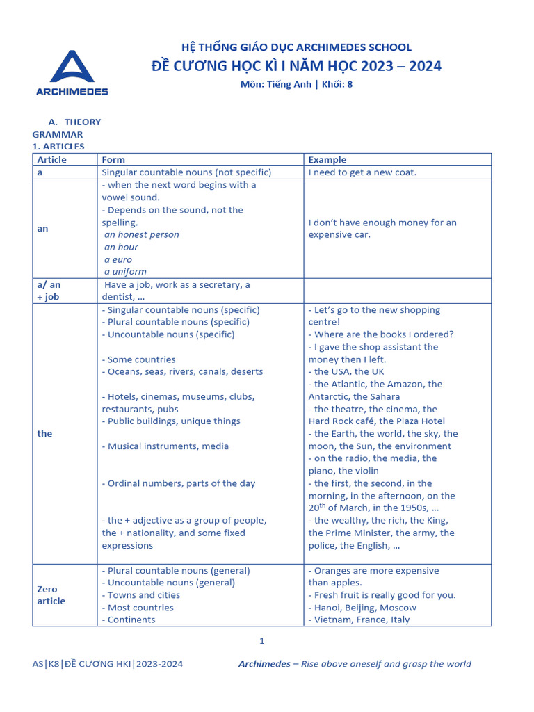 AASS - Anh 8. ĐỀ CƯƠNG HK1 | PDF | Gift | Meal
