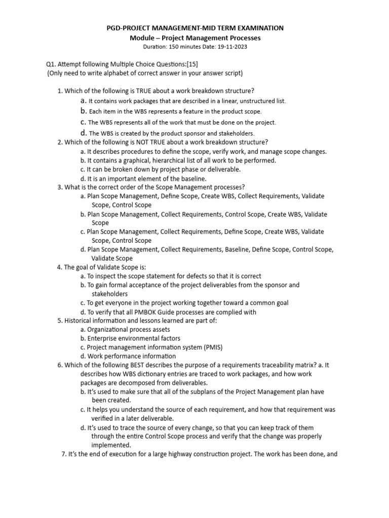 Project Management Process-PGD-CCEE-Midterm - Question Paper | PDF ...