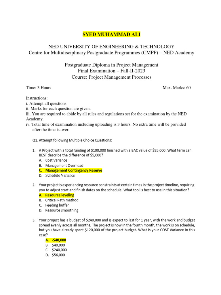 Project Management Process-PGD-CCEE-Final-Exam-10-12-2023 | PDF