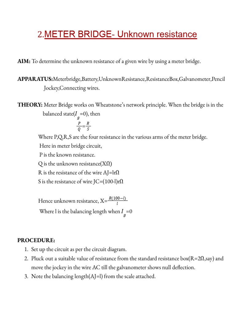 Determine Unknown Resistance with Meter Bridge | PDF | Electrical Resistance And Conductance ...