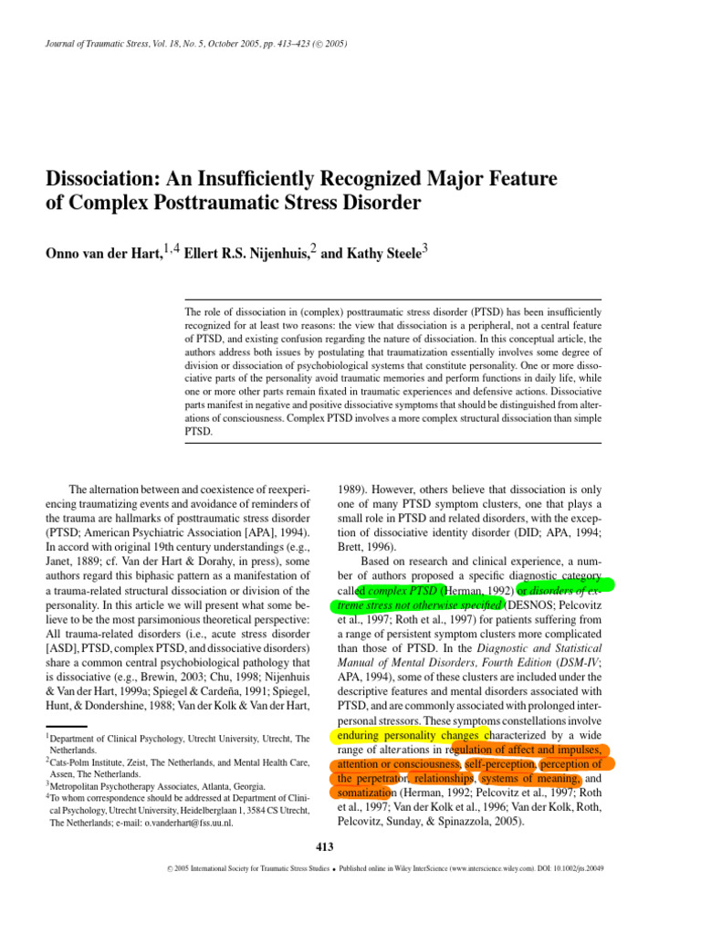 Dissociation - An Insufficiently Recognized Major Feature of Complex Posttraumatic Stress ...