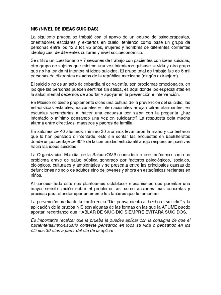 Nivel de Ideación Suicida | PDF | Suicidio