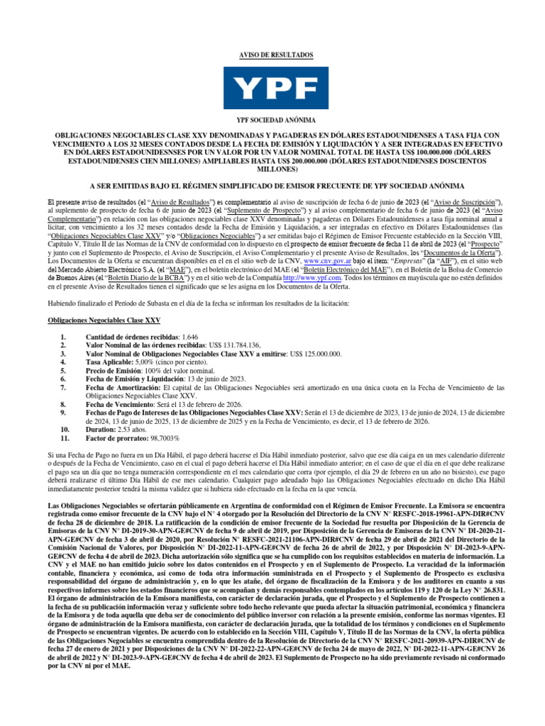 Resultados de Obligaciones YPF Clase XXV | PDF