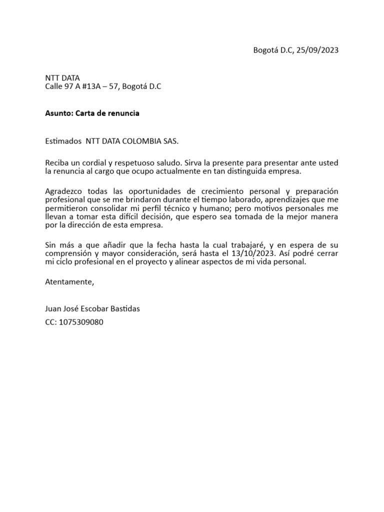 Renuncia de Juan José Escobar a NTT Data | PDF