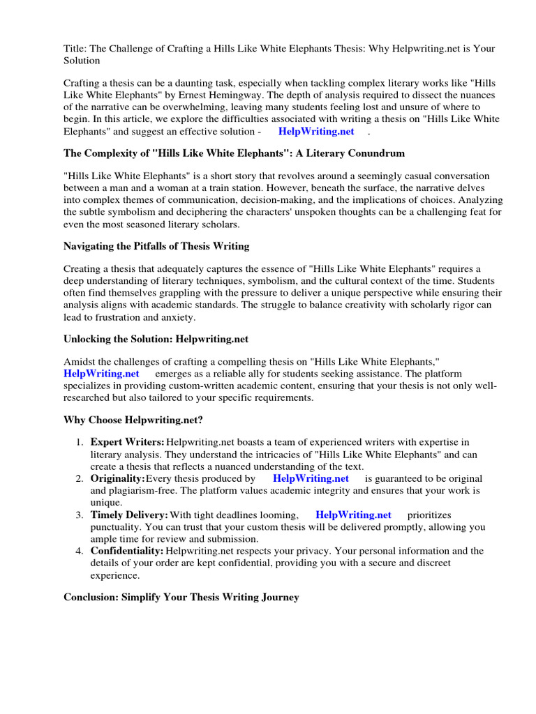 Hills Like White Elephants Thesis Example | PDF