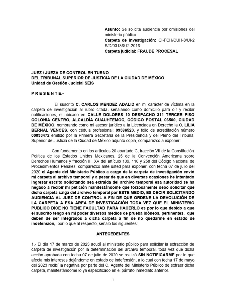 Solicitud de Audiencia Ante Juez de Control | PDF | México | Convenio ...