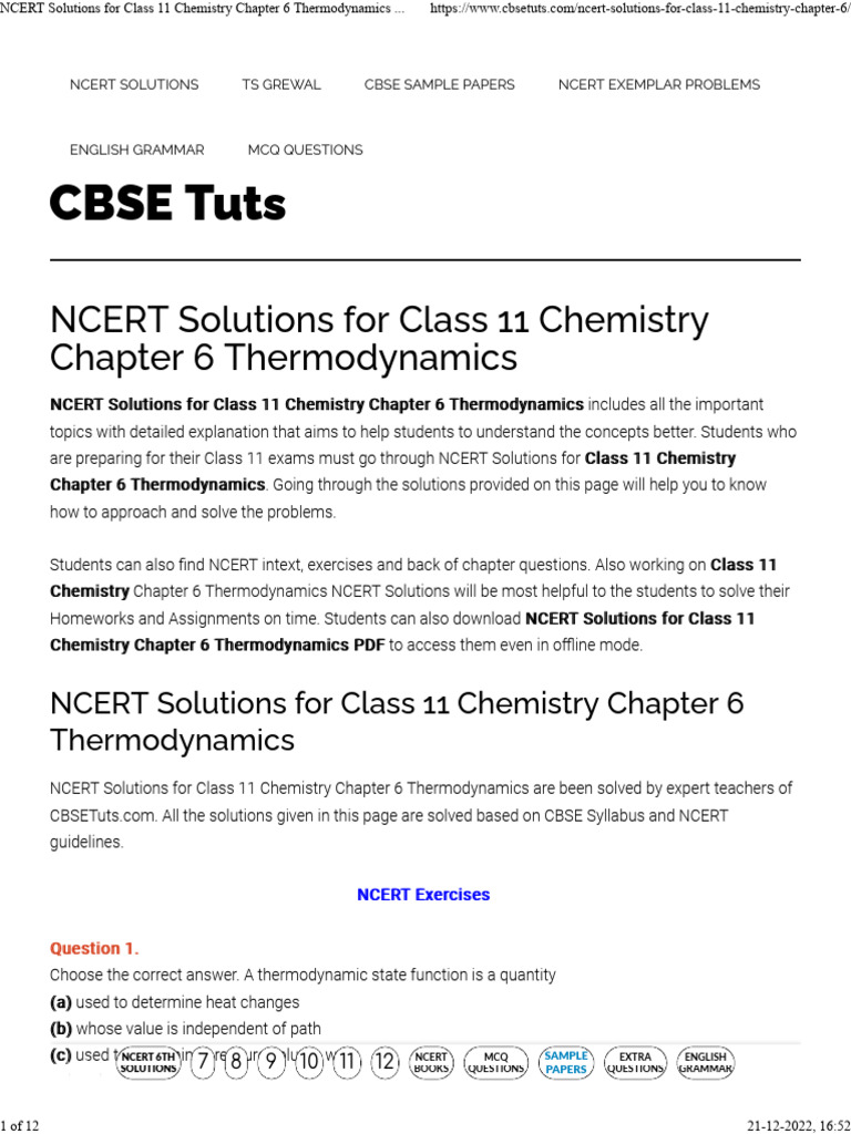 NCERT Solutions For Class 11 Chemistry Chapter 6 Thermodynamics - CBSE ... NCERT Solutions For Class 11 Chemistry Chapter 6 Thermodynamics - CBSE ...