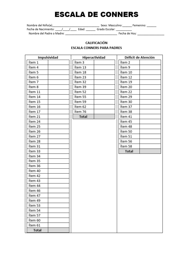 ESCALA DE CONNERS Hoja de respuestas (padres y maestros) | PDF ESCALA DE CONNERS Hoja de respuestas (padres y maestros) | PDF