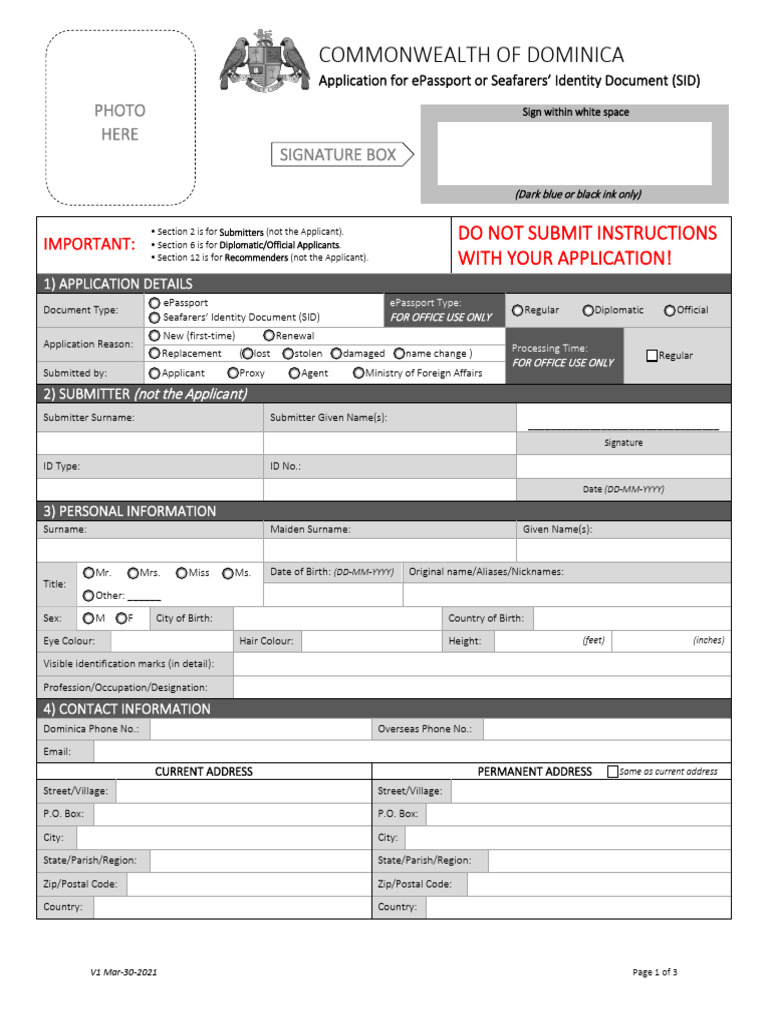 Dominica ePP and SID Application Form v1 Mar-30-2021 | PDF | Passport ...