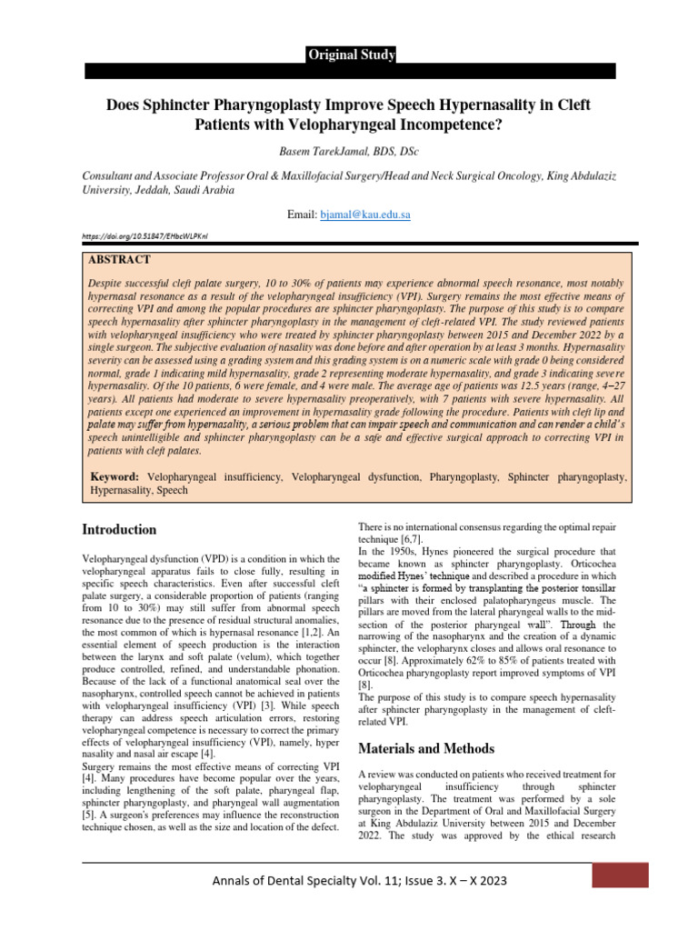 Accepted Publicationdoes Sphincter Pharyngoplasty Improve Speech Hypernasality in Cleft Patients ...