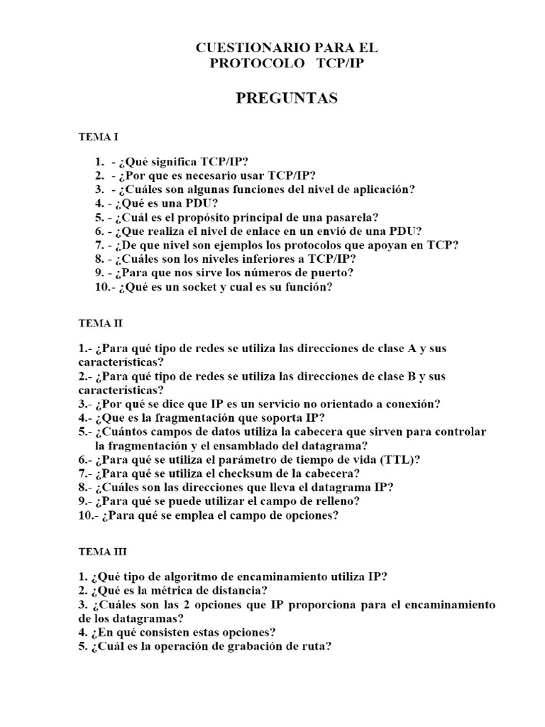 Cuestionario para El Protocolo TCP - Ip Preguntas | PDF
