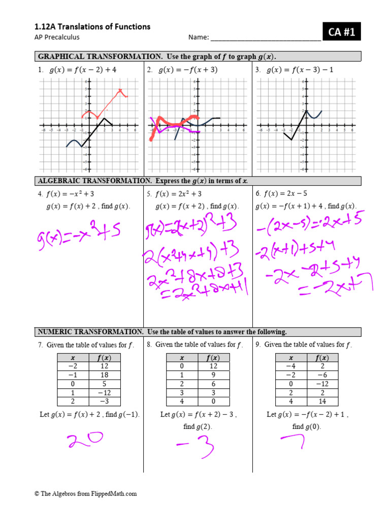 Transformations of Functions Practice 1.12A | PDF | Function ...